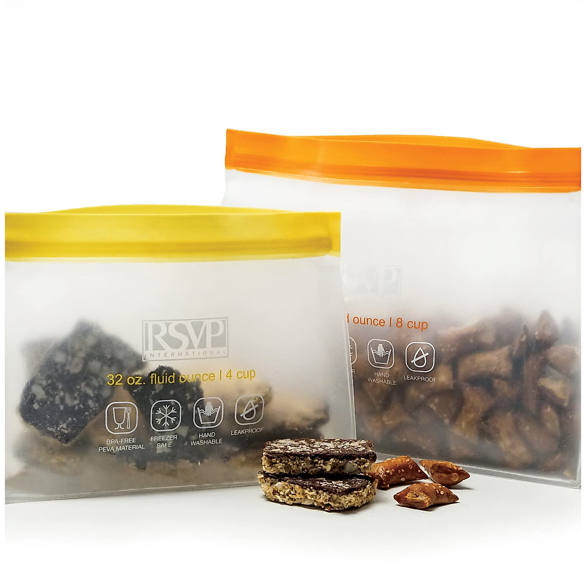 RSVP International Reusable Food Storage Collection ECO Seal Bags, Stand-N-Seal Set, Orange/Yellow