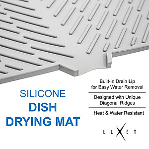 Luxet Silicone Dish Drying Mat with Built-in Drain Lip - Hygienic Drying Pad - Sturdy Compact Easy to Clean Tray Protects Surfaces Prevents Water Build Up -16.5 x 13 Inches (grey)