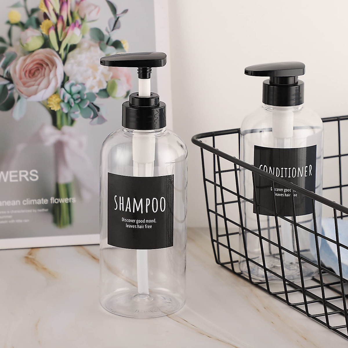 Shampoo and Conditioner Bottles, Segbeauty 2 Pack 16.9oz Refillable Shampoo Bottles, 500ml Labeled Clear Shower Bottles Refillable, Large Empty Plastic Bathroom Soap Lotion Shampoo Dispenser with Pump