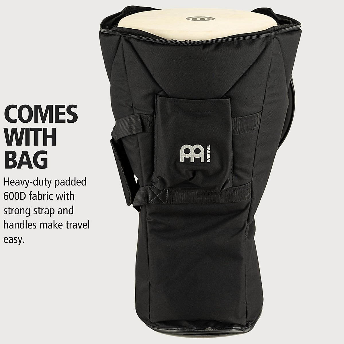 Meinl Percussion ADJ2-L+BAG African Style Rope Tuned 12-Inch Wood Djembe with Bag, Brown