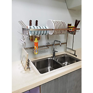 Stainless Steel Dish Drying Rack Over Kitchen Sink, Dishes and Utensils Draining Shelf, Kitchen Storage Countertop Organizer, Utensils Holder, Kitchen Space Saver (For Sink ≤ 33.5 inch)
