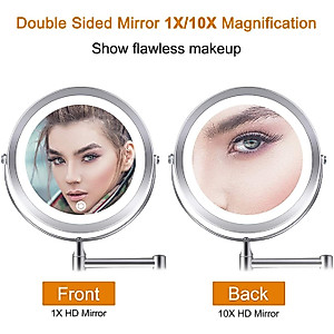 Wall Mounted Makeup Mirror, 1X 10X Magnification 360 Degree Rotation Double Sided Led Lighted Vanity Mirrors for Bathroom AC Adapter or Battery Operated