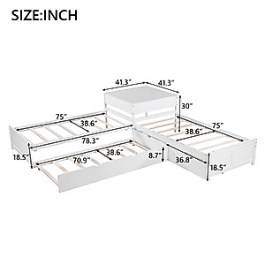 L-Shaped Twin Platform Bed Frame with Trundle and 2 Storage Drawers, Corner Wood Twin Platform Bed Frame Linked with Built-in Table for Kids Boys Girls Teens Adults, No Box Spring Need, White