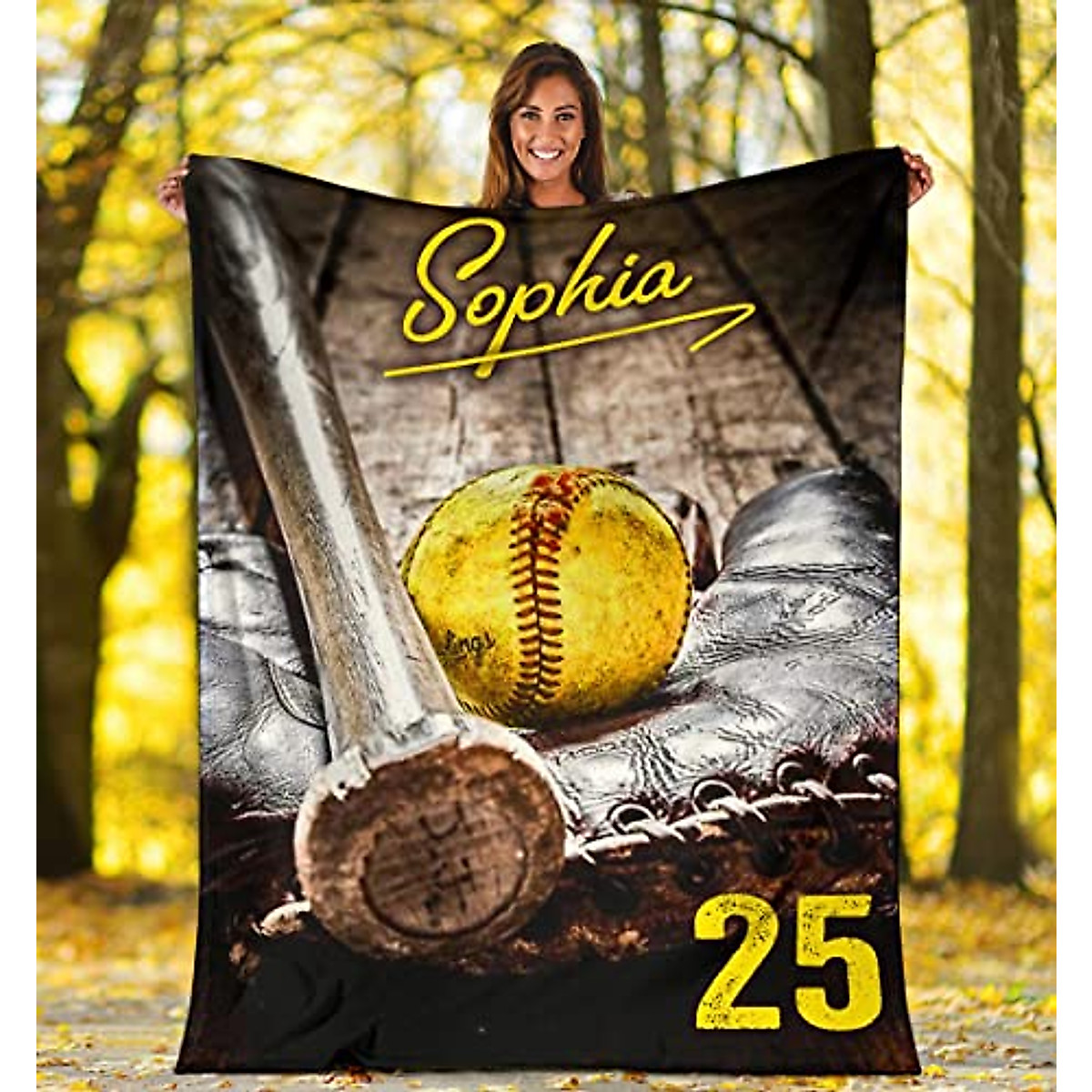 OhaPrints Custom Softball Old School Ball Gift for Fan Lovers Personalized Name Number Soft Sherpa Throw Blankets Cozy Fuzzy Fleece Throws for Tv Sofa Couch Comfy Fluffy Blanket 30X40 50X60 60X80