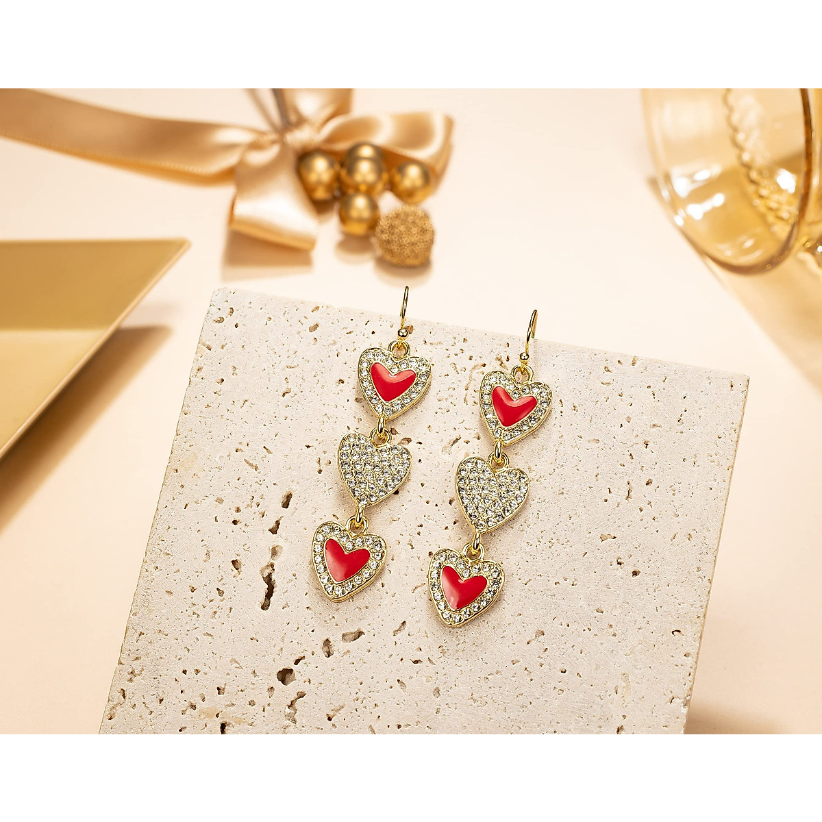 Retro Red Interlocking Heart Earrings for Women, Bling CZ Crystal Heart Dangle Earrings, Perfect Heart Jewelry as Valentine's Day Costume Ornament