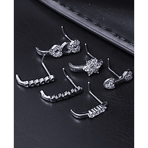 Akeoqi 6Pcs Nose Studs Nose Ring Inlaid Cubic Zirconia L Shaped Studs Lotus Star Heart Nose Nostril Piercing Jewelry for Women Men Sliver Tone 20G