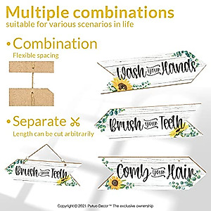 Putuo Decor Sunflower Bathroom Sign, Rustic Farmhouse Wash Brush Wall Decor for Home, Laundry, 3 Pieces 11.8x3.5 Inches Arrow Hanging Plaque