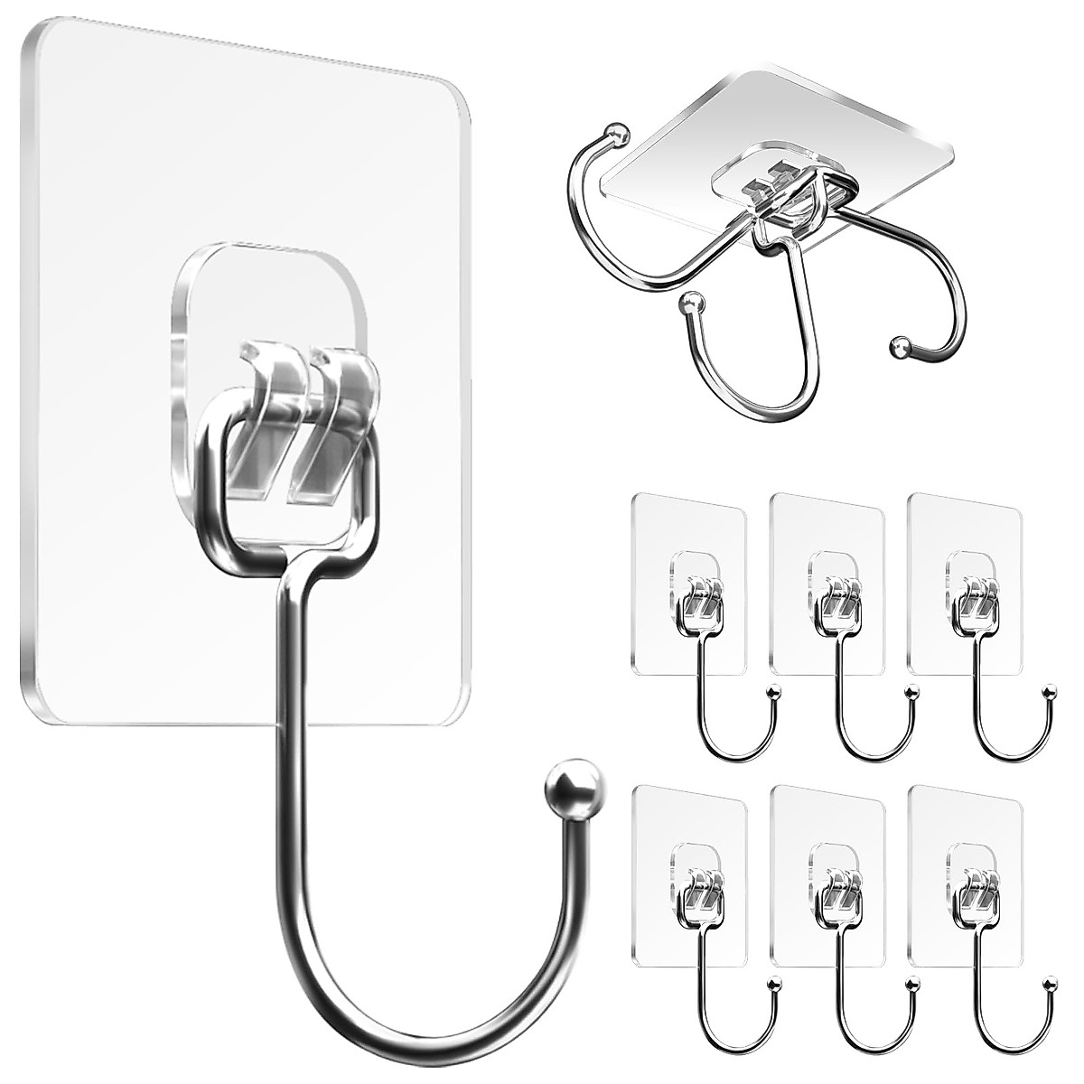 Large Adhesive Hooks for Hanging Heavy Duty Wall Hooks 22 lbs Self Adhesive Towel Waterproof Transparent for Bags Bathroom Shower Outdoor Kitchen Cups Door Coat Sticky Hooks (Transparent, 8pcs)