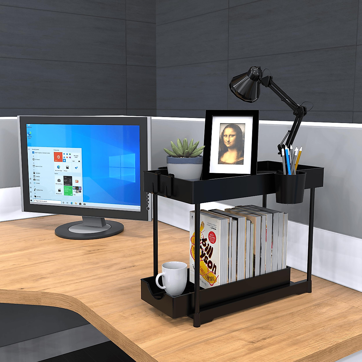 SBD 2 Pack Under Sink Organizers and Storage, 2-Tier Sliding Under Cabinet Organizer for Bathroom and Kitchen with Multi Purpose Door Organizer, 4 Cups, and 10 Hooks - Black