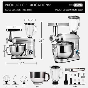 VIVOHOME 3 in 1 Multifunctional Stand Mixer with 6 Quart Stainless Steel Bowl, 650W 6 Speed Tilt-Head Meat Grinder, Juice Blender, Silver