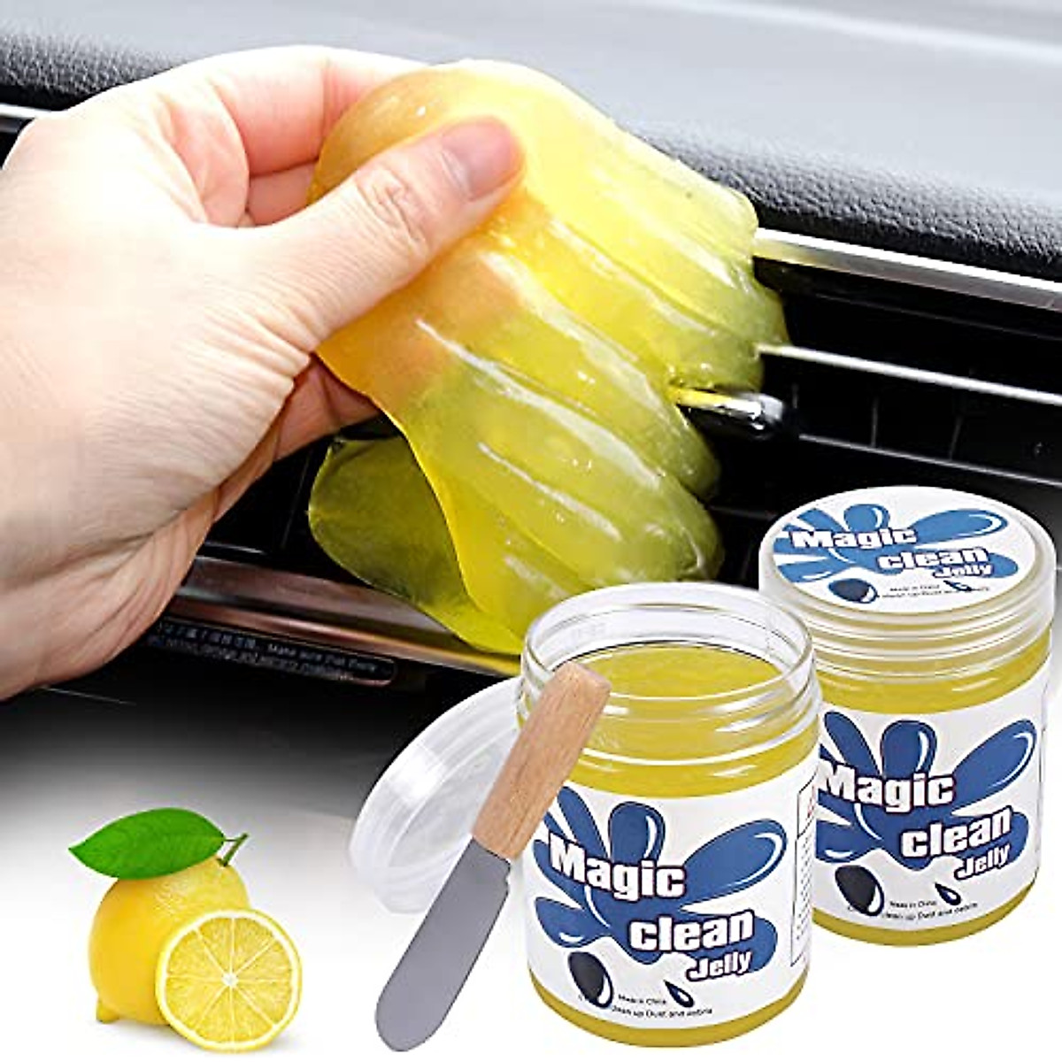 eFuncar Car Cleaning Gel Universal Auto Interior Detailing Gel Slime Fresh Lemon Cleaner Putty Dashboard Dust Removal Glue for Home Office PC Keyboard Air Vent Cup Holder, with A Scraper, 2Pack, 320G