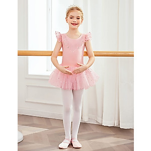 Zaclotre Kid Girls Ruffle Sleeve Ballet Skirted Leotard Shiny Dance Tutu Dresses