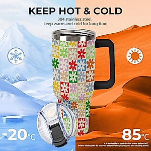KPLBNAS Colorful Bold Aesthetic Checkered Flower Pattern 40 Oz Tumbler with Handle And Straw Lid, Insulated Reusable Stainless Steel Travel Mug Travel Mug for Hot And Cold Stainless Steel Vacuum Mug
