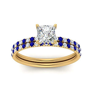 Jewelryonclick Princess Cut Hidden Halo Wedding Rings Yellow Gold Plated Created Blue Sapphire Princess Shape Blue Color Wedding Ring Sets Halo Setting in Size 7 Fashion Jewelry