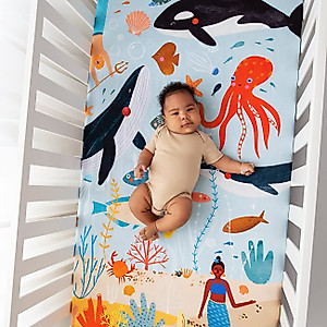 Rookie Humans 100% Cotton Sateen Fitted Crib Sheet: Beyond The Reef. Modern Nursery, Use as a Photo Background for Your Baby Pictures. Standard Crib Size (52 x 28 inches)