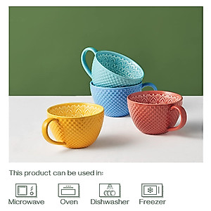 DOWAN Coffee Mugs Set of 4, 21 oz Large Coffee Mugs with Handle, Soup Mugs with Exquisite Relief Craftsmanship for Latte, Cappuccino, Party, Housewarming Wedding Gifts, Vibrant Colors