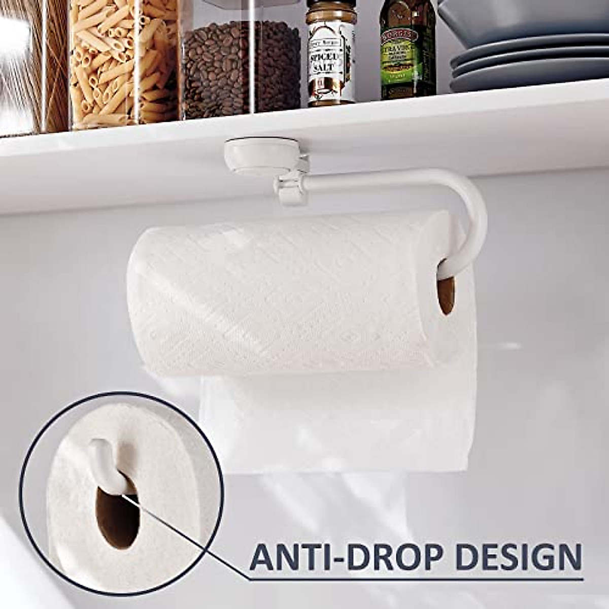 TAILI Suction Cup Paper Towel Holder Under Cabinet, No Drilling Plastic Paper Towel Rack for Kitchen, Reusable Paper Towel Hanger, Wall Mount Paper Towel Holder White