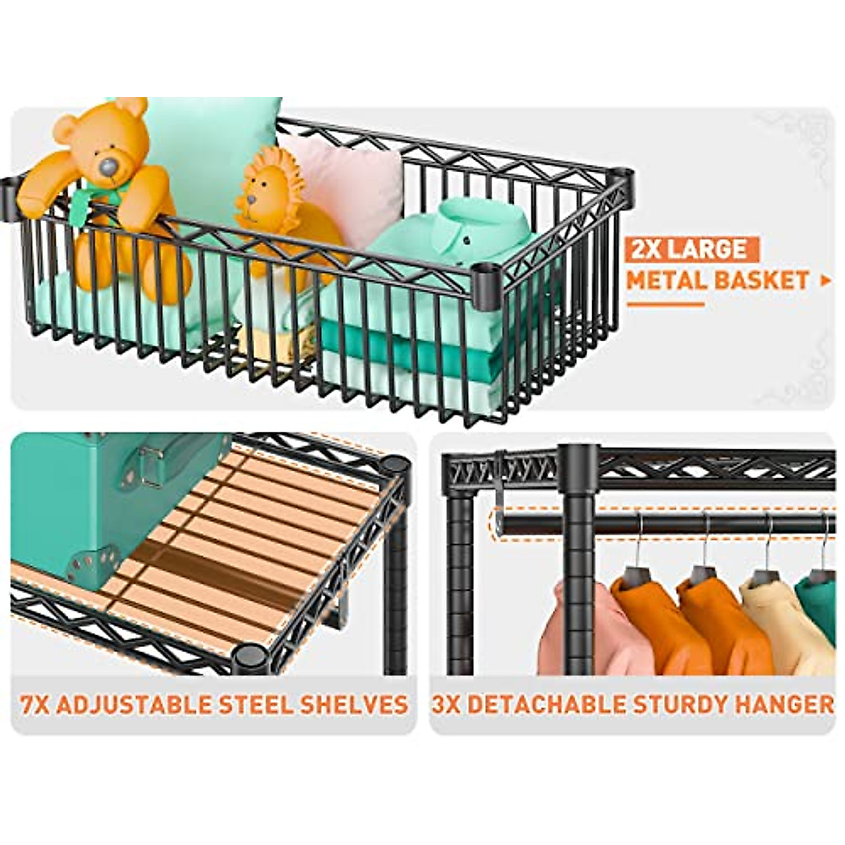 Raybee 77" H Clothes Rack Heavy Duty Clothing Racks for Hanging Clothes with Basket Drawers Load 850 LBS 75" Wide Large Clothes Rack with Shelves Adjustable Wire Garment Rack Free Standing Closet