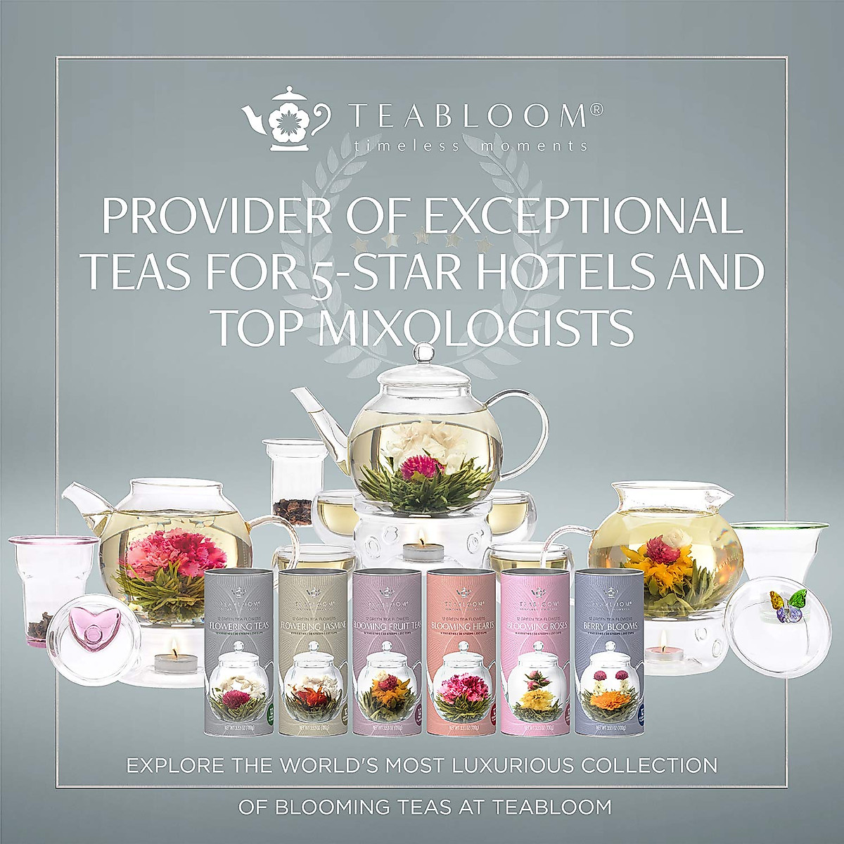 Teabloom Flowering Tea - 12 Unique Varieties of Fresh Blooming Tea Flowers - Hand-Tied Natural Green Tea Leaves & Edible Flowers - 12-Pack Gift Canister - 36 Steeps, Makes 250 Cups