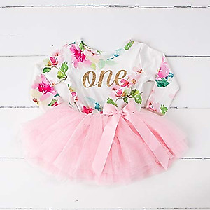 Grace and Lucille 1st Birthday Dress - White Floral Long Sleeve Dress with Pink Tutu, Gold Script (6-12 Months)