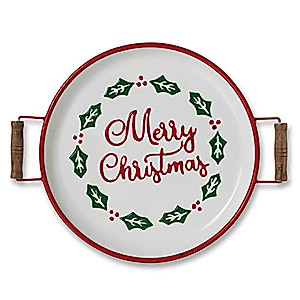 16.3-Inch Rustic Metal Merry Christmas Holly and Berry Decorative Serving Tray with Wooden Handles – Holiday Serveware – Christmas Party Platter Tableware