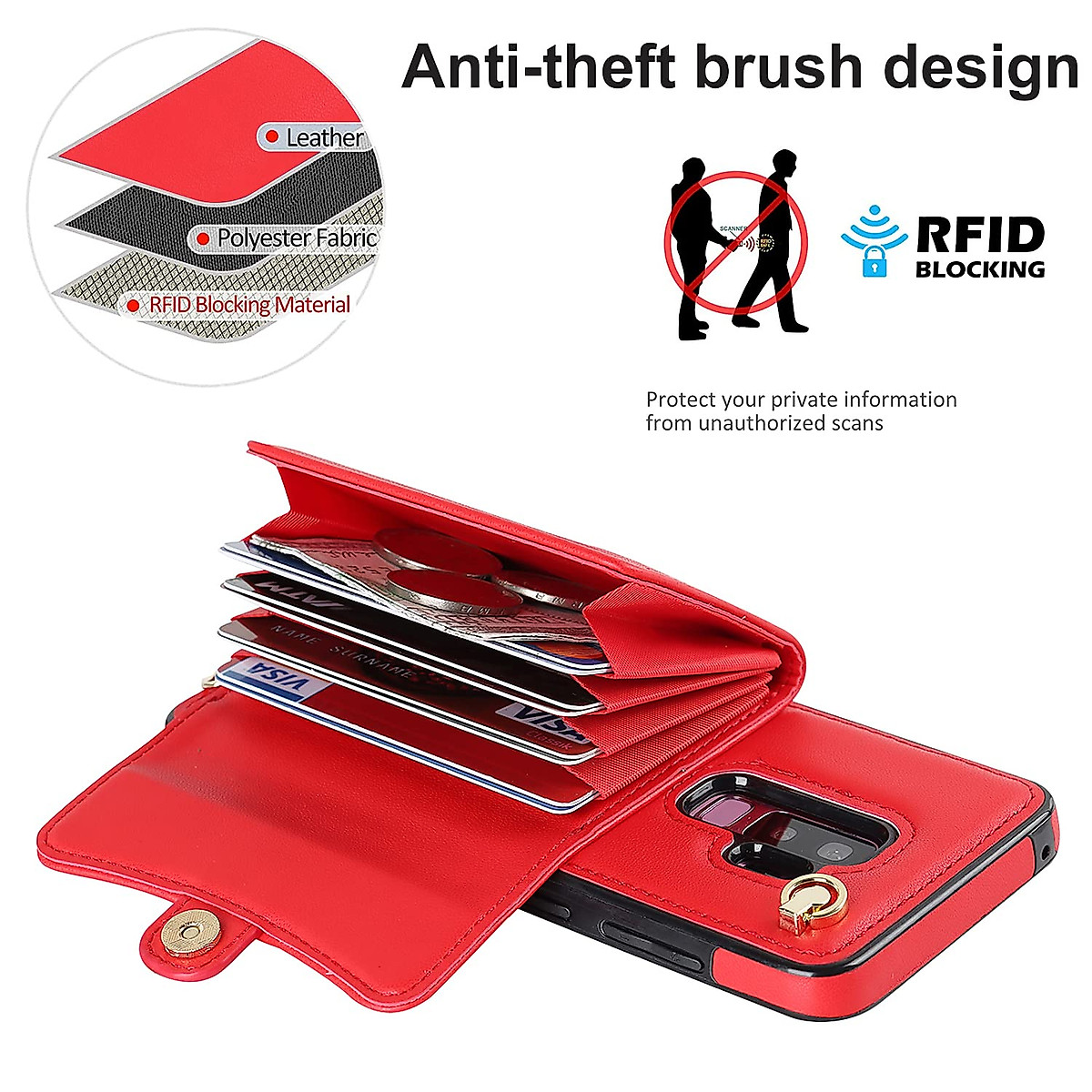 ONV Wallet Case Compatible with Samsung Galaxy S9 Plus - Adjustable Crossbody Lanyard [RFID] Metal Closure Card Holder Slots Cash Pocket Stand Multifunction Cover for Samsung Galaxy S9 Plus [FQ] -Red