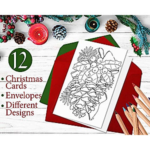 Art Eclect Christmas Coloring Cards for Adults, 12 Cards with 12 Unique Designs, 6 Red and 6 Green Envelopes Included (Christmas B1)
