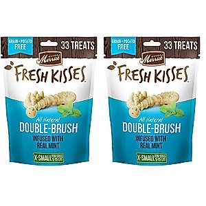 Merrick Fresh Kisses Natural Dental Chews Toothbrush Treat Shape Infused with Real Mint for Tiny Dogs 5-15 Lbs - 33 ct. Bag (Pack of 2)