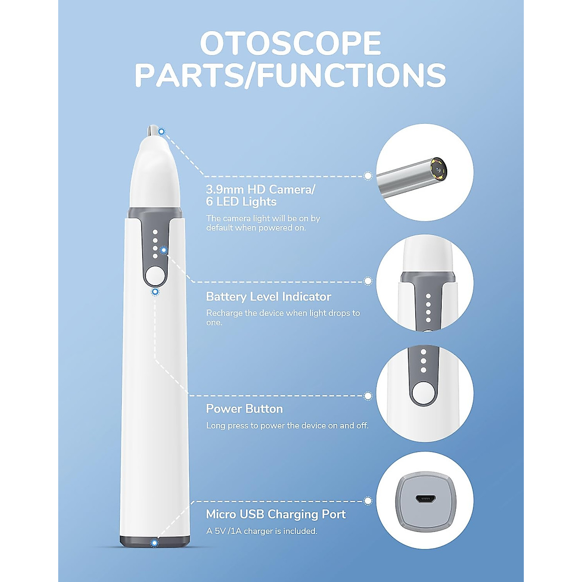 ScopeAround Wireless Otoscope with Light Ear Camera, 3.9mm Ear Wax Removal Tool Camera, 720P HD with 6 LED Lights, WiFi Wireless Otoscope Camera, Ear Scope Compatible with Android and iPhone