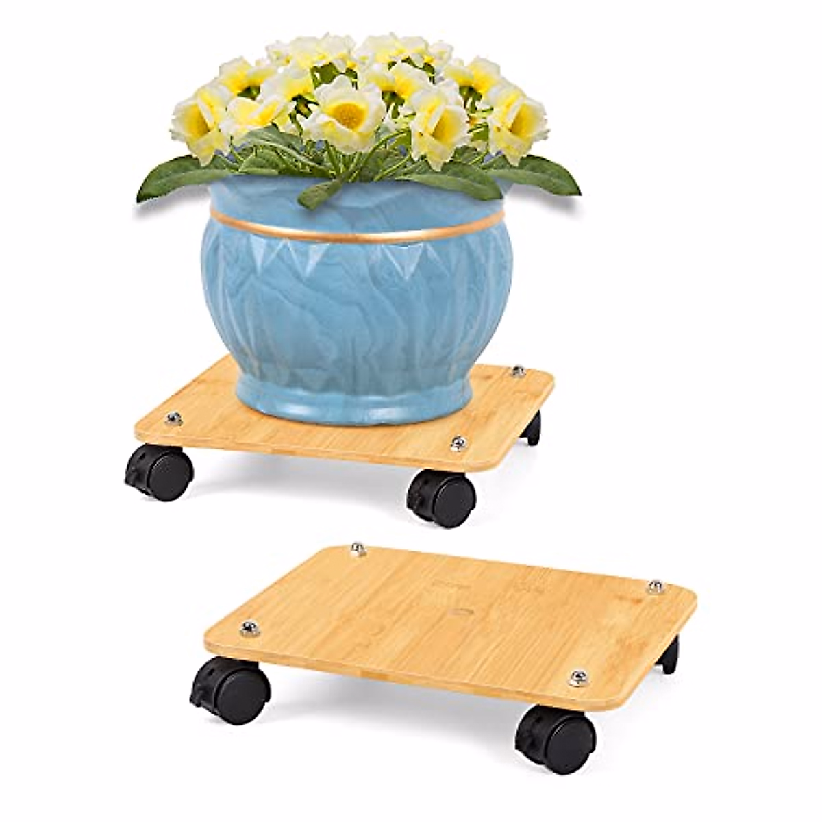 2 Pack Plant Caddy Rolling Plant Stand with Wheels Bamboo Plant Roller Base with Lockable Casters for Indoor Outdoor Large Plant Pot Flower Pot