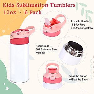Gekestory Kids Sublimation Tumblers, Sublimation Water Bottle Blanks, 6PACK 12oz Straight Double Wall Kids Sippy Cups, Blank Cups for Heat Transfer, with DIY Stickers Shrink Wrap Rubber Base (6PACK)