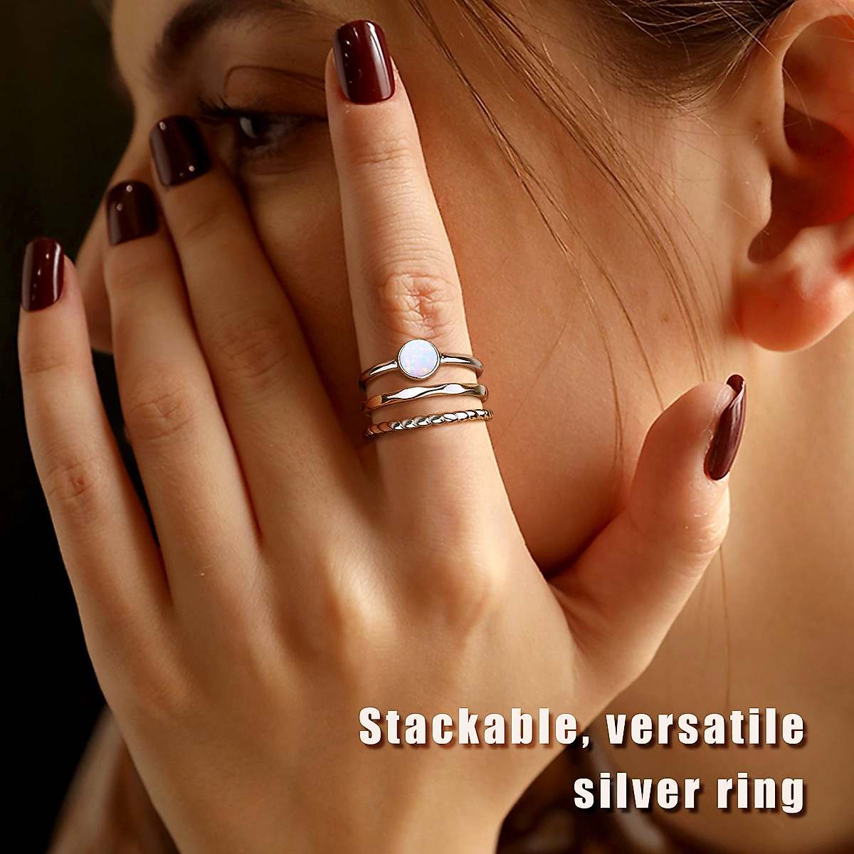 MILACOLATO S925 Sterling Silver Stackable Rings Set for Women Men 18K White Gold Plated Opal Hammered Twisted Thumb Rings High Polished Pinky Knuckle Finger Rings Wedding Band Rings Comfort Fit Size 8