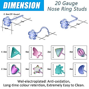 ZS 9PCS 20G Nose Rings for Women, 316L Stainless Steel Nose Piercings Jewelry, Colorful Screw L-Shape Nose Studs Rings (Corkscrew)