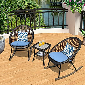 ovios 3 Piece Patio Rocking Bistro Set,Patio Outdoor Furniture, Porch Rocking Chairs Conversation Sets with Glass Coffee Table for Small Space,Deck,Terrace (Blue)