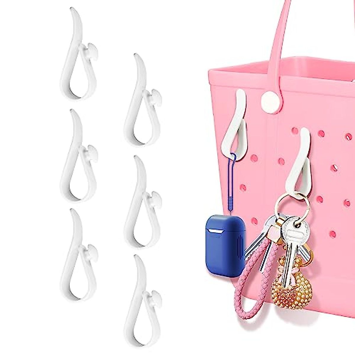 6 PCS Hooks Accessories for Bogg Bags, Insert Charm Key Holder Clip Cup Holder Attachment Organize Girls Hair Ties for More Beach Tote Bags with 0.55'' Dia Holes, White