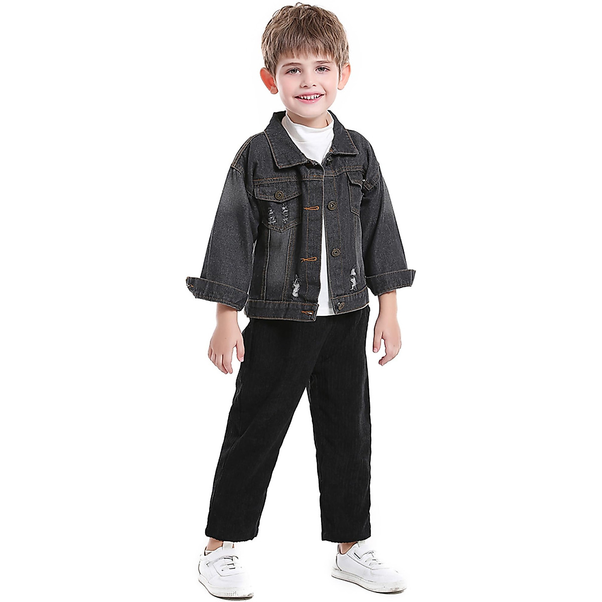 Cromoncent Boys Girls Child Casual Denim Jacket Kids Toddler Button Down Coat，Denim Black 5-6Y