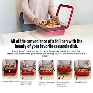 Fancy Panz Classic, Food Serving Tray, Made in the USA Foil Pan Carrier, Stackable Aluminum Pan Holders with Clear Lid, Travel Casserole Carrier With 1 Disposable Foil Pan & Serving Spoon, Denim Blue