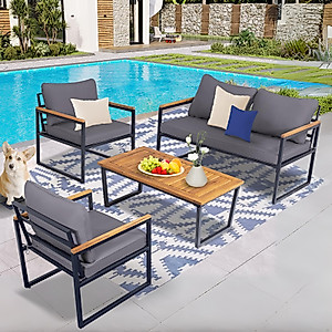 VISTYLE Patio Furniture Set 4-Piece Outdoor Metal Patio Conversation Set Modern Table Loveseat Chair with Soft Thick Washable Cushions for Garden Backyard Lawn Porch (Stainless Steel)