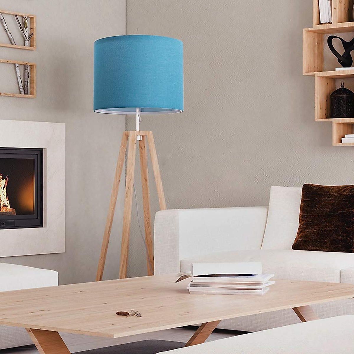 Wellmet 16"x16"x12" Assembly Required Lampshade for Table Lamp, Bedside Lamp, Floor Lamp, Fabric Drum Lampshade Classic Modern Style, Spider Fitter, Blue