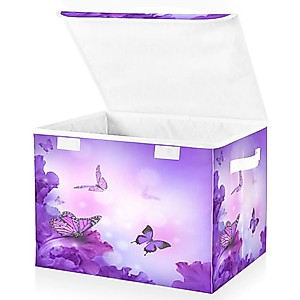 DIGTIA Storage Bins with Lids Butterfly Hydrangeas Purple Foldable Storage Boxes with Handles Spring Large Storage Basket Collapsible Organizer Containers for Closet Home Bedroom Office