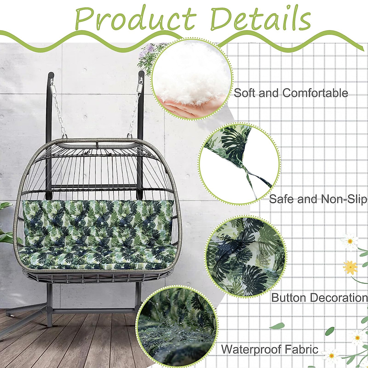 Swing Replacement Cushions with Backrest, 2 or 3 Seater Waterproof Non-Slip Overstuffed Swing Pad, Indoor/Outdoor Bench Cushion for Porch Chair Swing Garden Furniture (Palm Leaves, 40 * 71 in)