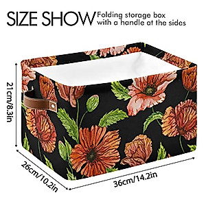 Red Poppy Square Storage Basket Flowers Black Storage Bins Canvas Toys Box Closet Shelf Decorative Organizer Bag with Handles for Bedroom Home Office, 1 Pc