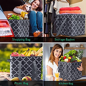 WISELIFE Reusable Grocery Bags 3-Pack Foldable Washable Large Storage Bins Basket Water Resistant Shopping Tote Bag Dark Grey