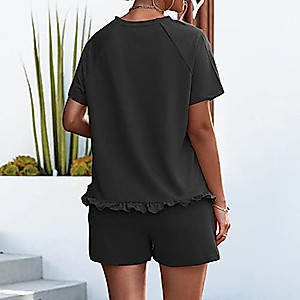 Women's Spring and Summer Pure Color Round Collar Leaf Edge Short Sleeved Shorts Casual Suit Black