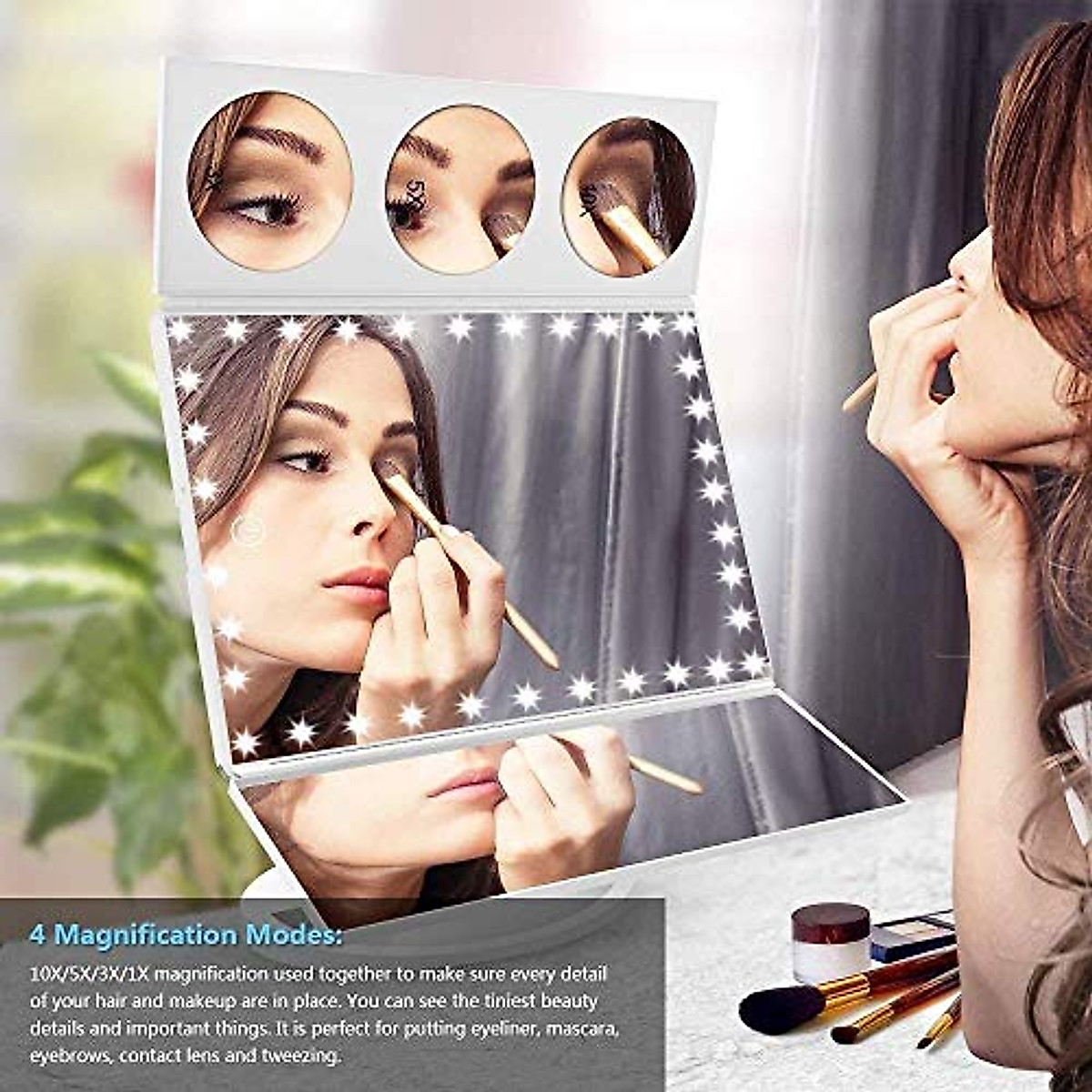 KXA Touch Lighted Makeup Mirror, Desktop Trifold Makeup Vanity Mirror 3X/2X/1X Magnification Dimmable 180° Rotation Illuminated Countertop Cosmetic Mirror