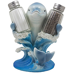 Dolphin Riding Ocean Wave Salt and Pepper Shaker Set with Figurine Holder in Decorative Tropical Kitchen Decor Spice Racks & Porpoise Display Stands or Beach Bar As Gifts for Dolphin Lovers