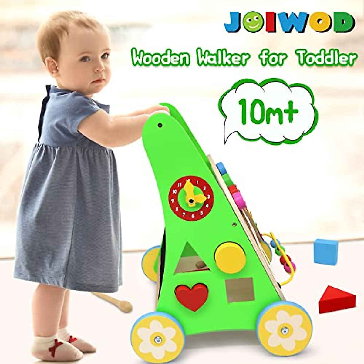 Wooden Baby Walker With Wheels Push Walker Toy for Babies With Clock Baby Walkers And Activity Center Toddler Toys Age 1-2 Learning Toys for 2 Year Old Toys Boys & Girls Shape Sorter Gift for Toddlers