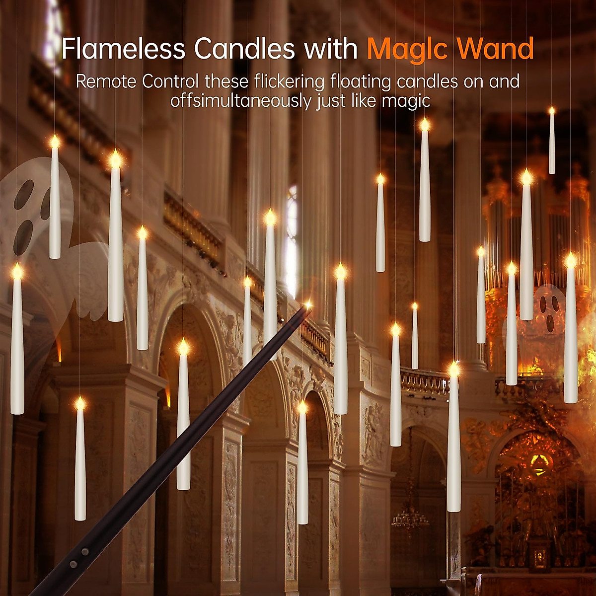 20Pack Christmas Decorations-Flameless Floating Candles with Magic Wand Remote, Flickering Flameless Taper Candles, Dripless LED Handheld Candles Home Decorations for Festive Wedding Halloween