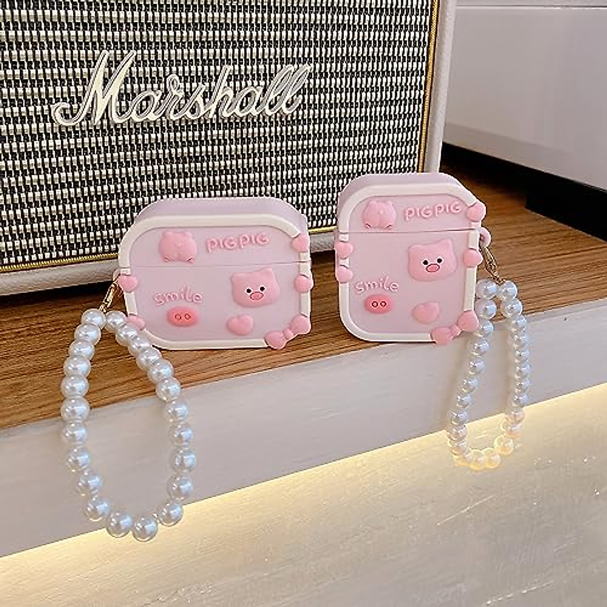 QIXIU for AirPods Pro Case Cover with Pearl Bracelet,Full Protective Silicone Skin Accessories for Women Girl,Kawaii Cute Piglet Wireless Charging Headset Accessories,Pink
