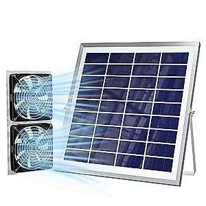 moreximiximi Solar Powered Fan,25W,Chicken Coop Fan,Solar Fans,Solar Exhaust Fan,Ventilation System,12FT Cable,DC Power,Dual Aluminum Shell,Weatherproof Dual Fan for Green House,Chicken Coops, Sheds